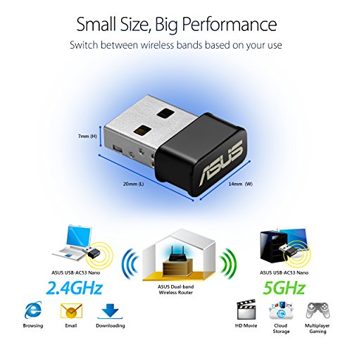 ASUS USB-AC53 AC1200 Nano USB Dual-Band Wireless Adapter, MU-Mimo, Compatible for Windows XP/Vista/7/8/1/10, Black