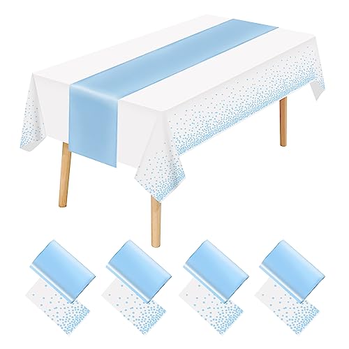 8 Pack Disposable Plastic Tablecloths and Satin Table Runner Set, 54 x 108 Inch Rectangle Tablecloth, 12 x 108 Inch Satin Table Runner for Wedding Graduation Birthday Party (Blue)