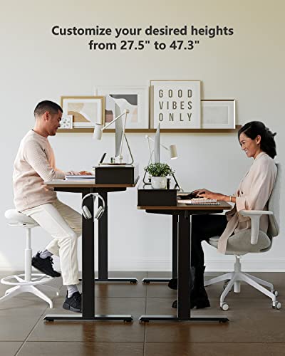 BANTI 55"x 26" Electric Standing Desk with Glass Top Monitor Stand, Adjustable Sit Stand Up Table with Double Drawer, Sit Stand Desk with Storage Shelf, Black Walnut Top