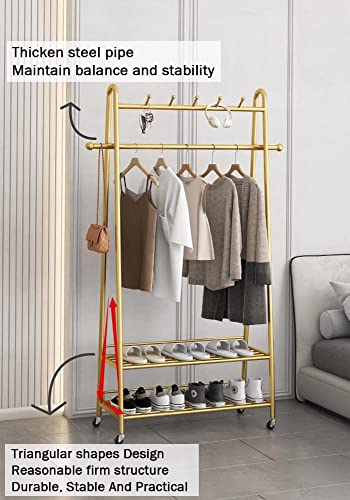 BOTAOYIYI Clothes Rack Gold, Freestanding Coat Rack Modern Rolling Garment Rack with Wheels and Bottom Shelves, Industrial Heavy Duty Pipe Clothing Rack Wardrobe Closet for Boutique Display (39.4")