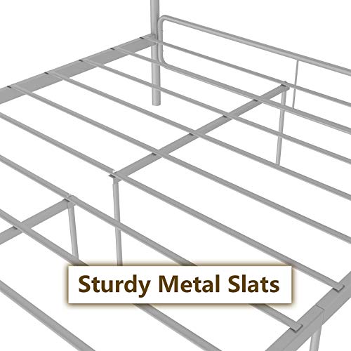 Bunk Bed Twin Over Full, Heavy Duty Metal Bunk Bed Frame with Guard Rail & Flat Ladder Stairs, Space-Saving, No Box Spring Needed (Silver)