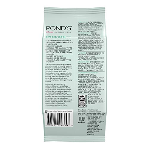 Pond's Vitamin Micellar Wipes For Dry Skin Hydrate Aloe Vera Removes Waterproof Makeup 25 Wipes
