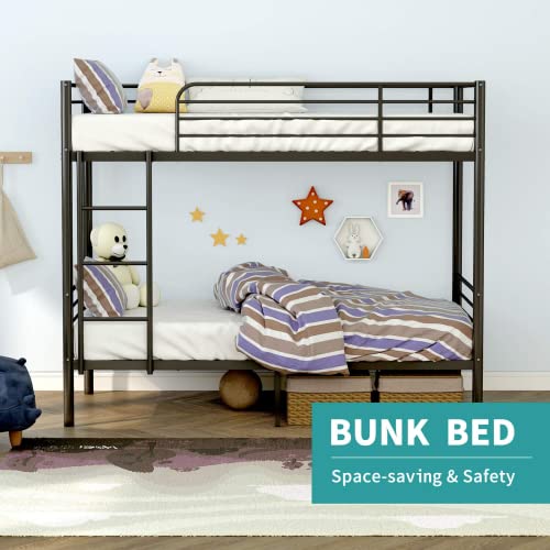 Bunk Beds Frame Twin Over Twin, Heavy Duty Twin Size Metal Bunk Bed Frame with Guardrail & Ladders , Space-Saving, Noise Free, No Box Spring Needed (Black) 2685