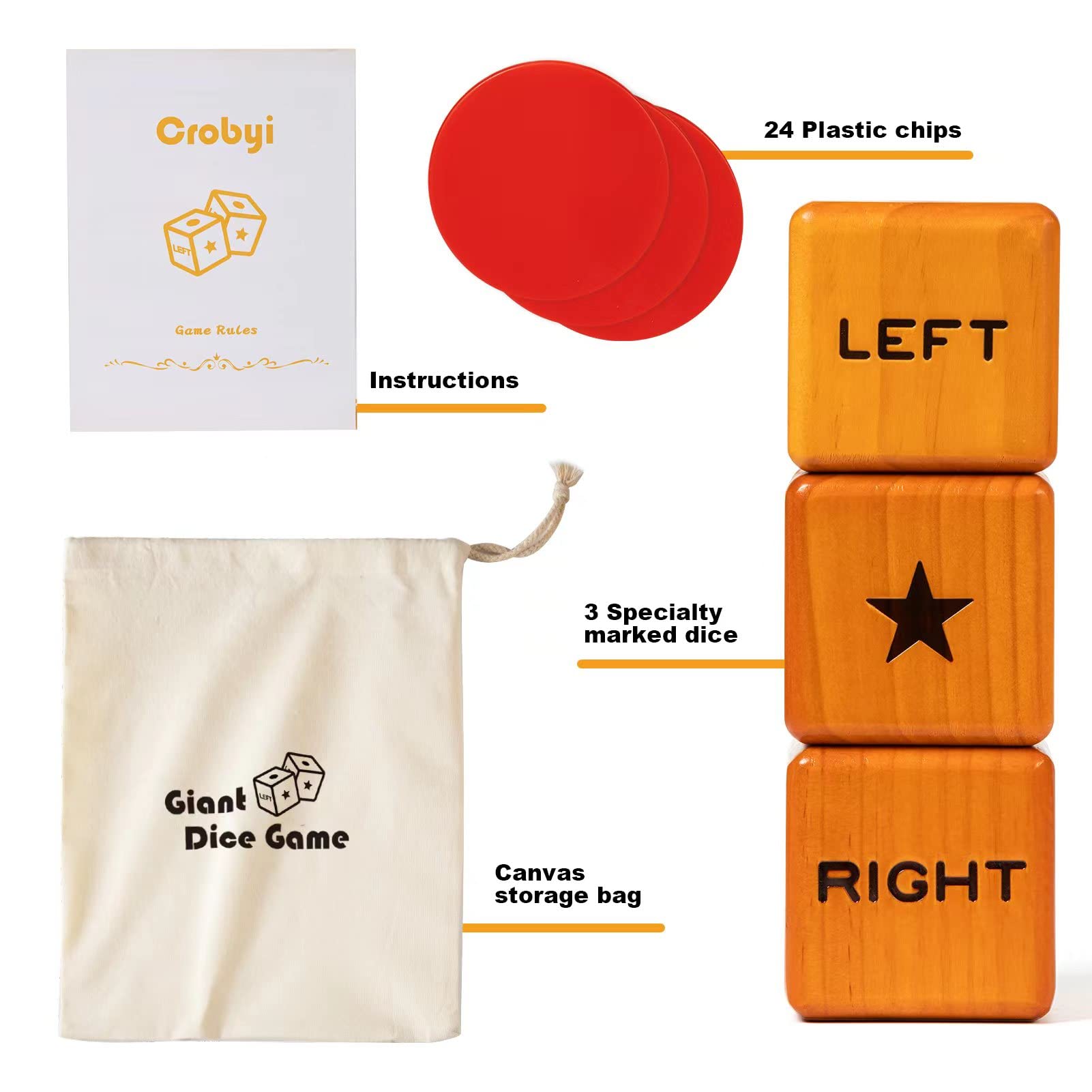 Crobyi Giant Right Center Left Dice Game with 24 Large Chips & Carry Bag. 3.5" Giant Wooden Outdoor & Lawn Dice Game for Family.