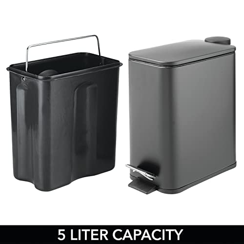 mDesign Slim Metal Rectangle 1.3 Gallon Trash Can with Step Pedal, Easy-Close Lid, Removable Liner - Narrow Wastebasket Garbage Container Bin for Bathroom, Bedroom, Kitchen, Office - Charcoal Gray