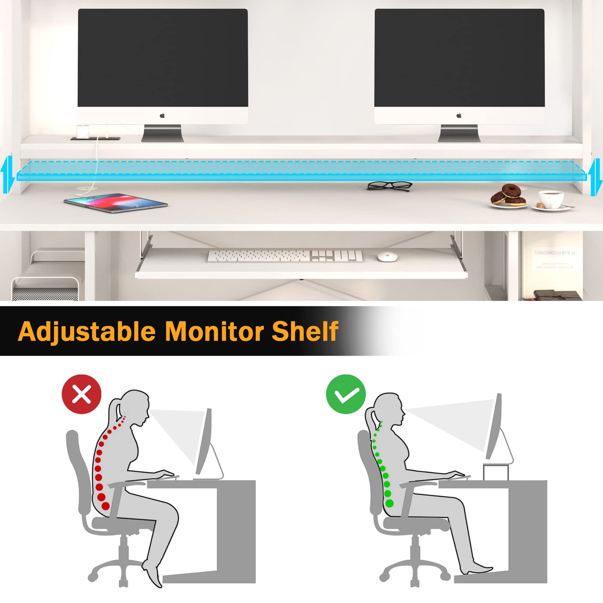55 IN White Desk with Power Outlet & USB Ports, Reversible Computer Desk with Keyboard Tray Hutch Storage Shelves Monitor Stand, Gaming Desk Home Office Desk Study Writing Workstation, Easy Assembly