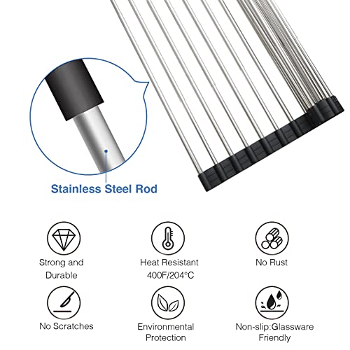 Chixapopimo Roll up Dish Drying Rack Retractable 11" to 20" x 13'' Foldable Rolling Dish Drainer Over The Sink Drying Rack SUS304 Stainless Steel Sink Rack for Kitchen Counter of Various Sizes
