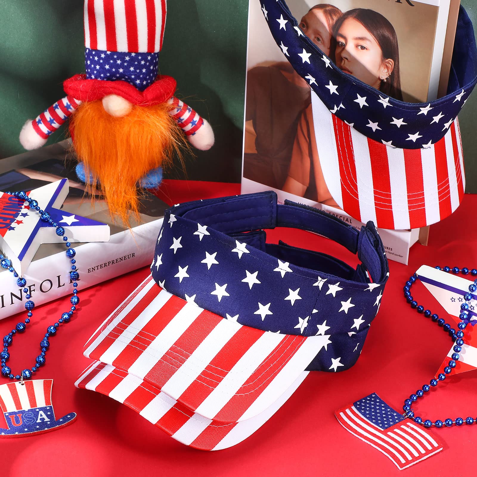 4 Pieces American USA Flag Visor Patriotic Visor Star Stripe Sun Visor Hat Adjustable Printed Twill Sun Protection Hat for Men Women