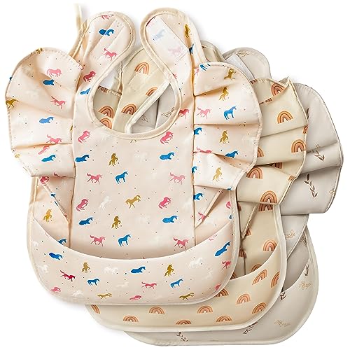 BUoonyer 3pcs Mess-Proof Baby Apron for Feeding Eating, Food Bibs with Catcher, Unicorn Rainbows Adjustable Waterproof Apron Mess Proof Bibs for Babies Toddlers Girls Boys Infant Newborn Birthday Gift