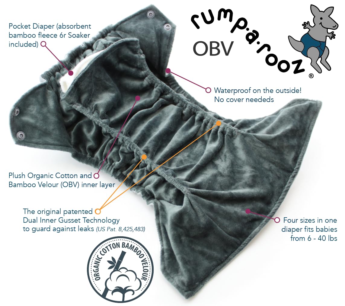 Kanga Care Rumparooz G2 OBV Cloth Diaper Reusable One Size Pocket Diaper with Patented Inner Double Gusset 2 pcs Bamboo Rayon Insert Soaker | Billy (6-40+ lbs)