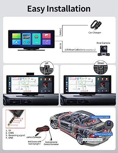9.3" Portable Car Stereo with Adjustable 4K Dash Cam, ADAS, Wireless Apple Carplay and Android Auto, Touchscreen Handsfree Phone Mirroring