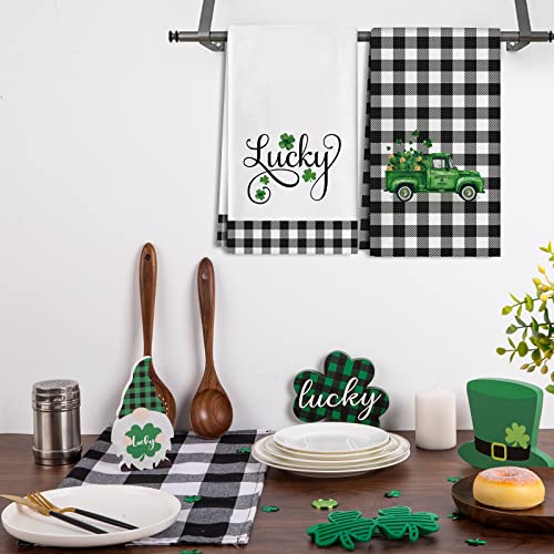 AnyDesign St. Patrick's Day Kitchen Dish Towels 18 x 28 White Black Buffalo Plaids Dishcloth Lucky Shamrock Clover Truck Drying Cloth Tea Towel Irish Decorative Hand Towel for Cooking Baking, 4 Pack