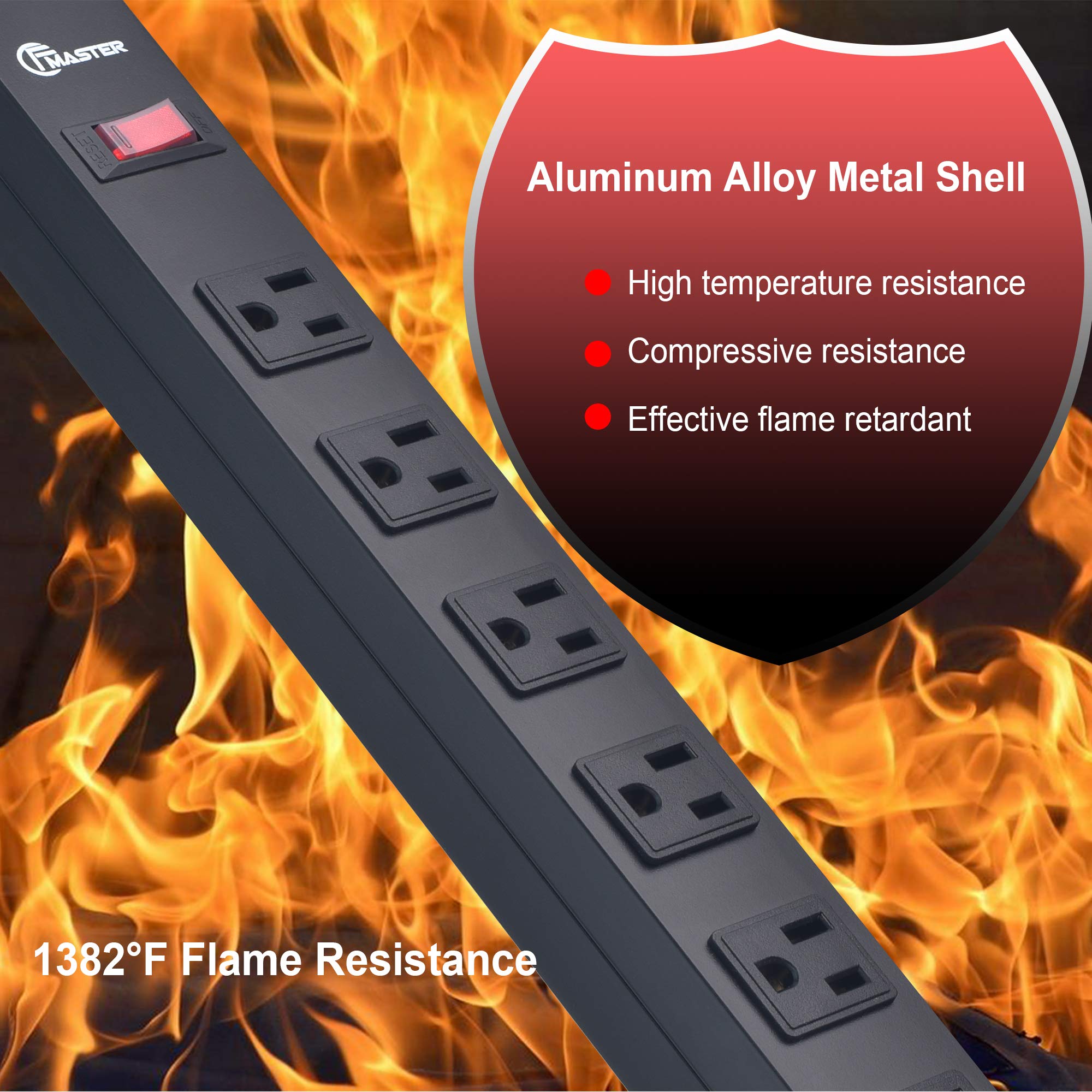 Aluminum Alloy Metal Shell Power Strip, Overload Protection, 6FT 14AWG Extension Cord, 6 Outlets with Large spacing Jacks, Suitable for Factory, Black, Specification: 15A/125VAC/1875W/60Hz
