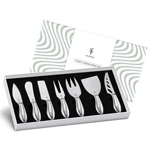 Soulhand 7-Piece Cheese Knife Set â Mini Stainless Steel Cheese Knives, Spreader, Forks for Hard, Soft and Creamy Cheese, Essential Short Handle Cheese Knives Set with Gift Box