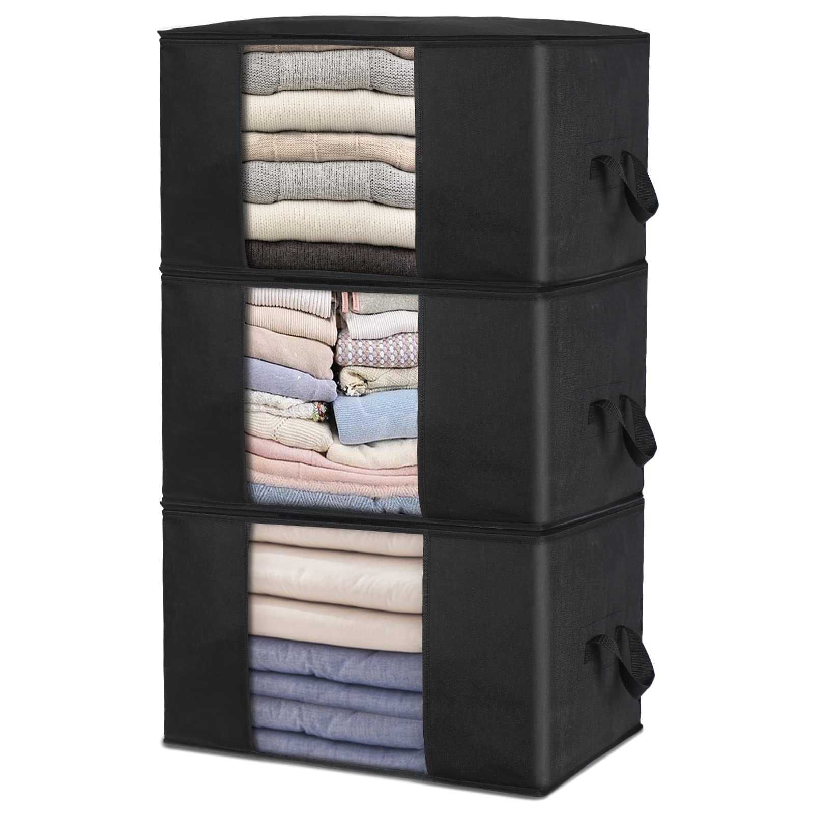 BERVES Storage Bag 90L 3 Pack, Large Capacity Foldable Closet with Reinforced Handle and Sturdy Zipper , Clear Window, Thick Fabric Organizers for Blankets, Clothes, Bedding (Black)