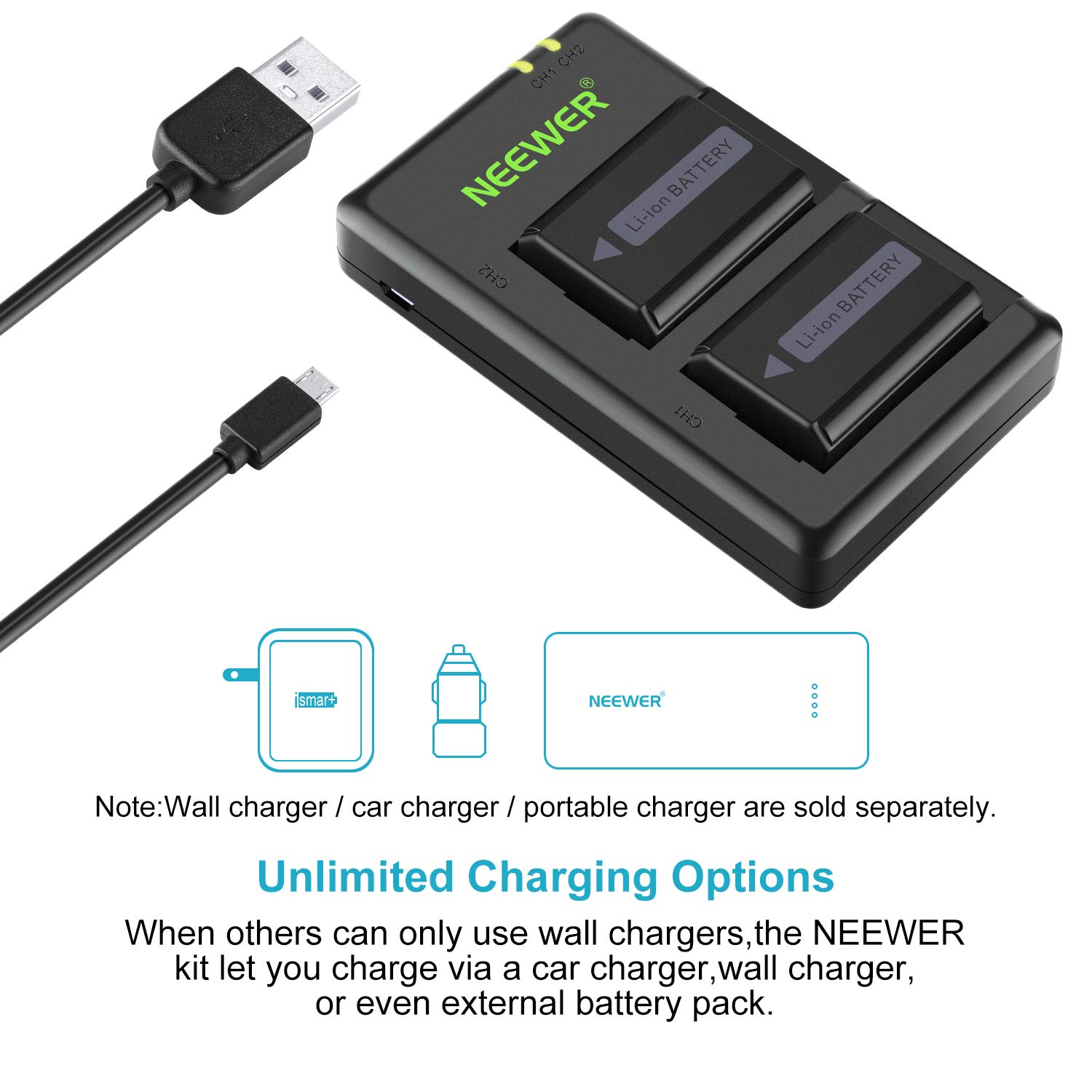 Neewer NP-FW50 Camera Battery Charger with Battery Case Compatible with Sony ZV-E10,A7,A7R,A7RII,A7II,A7SII,A7S,a6300,a6400,a6500,RX10 Series (Pack of 2,Micro USB Port,1100mAh)