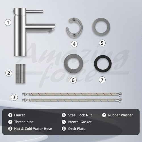 AMAZING FORCE Single Hole Bathroom Faucet Single Handle Bathroom Sink Faucet Brushed Nickel Stainless Steel Basin Mixer Tap - Sink Drain & Deck Plate Not Included 1.2 GPM