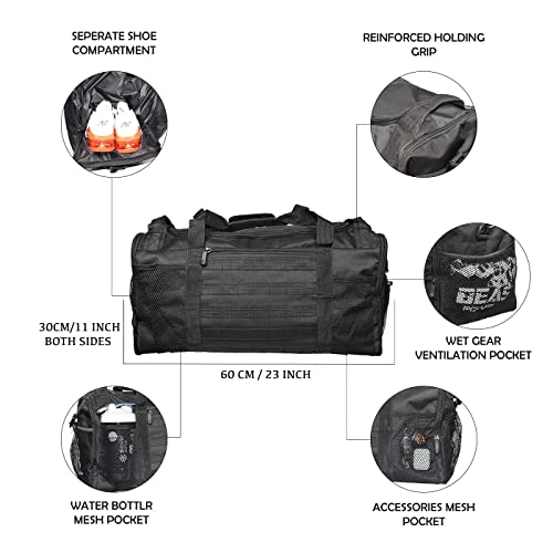 Beastpowergear Gym Duffle Bag- Workout, Boxing, MMA, Sports Bag with Shoes Compartment and Adjustable Shoulder Strap for Men and Women (Black)