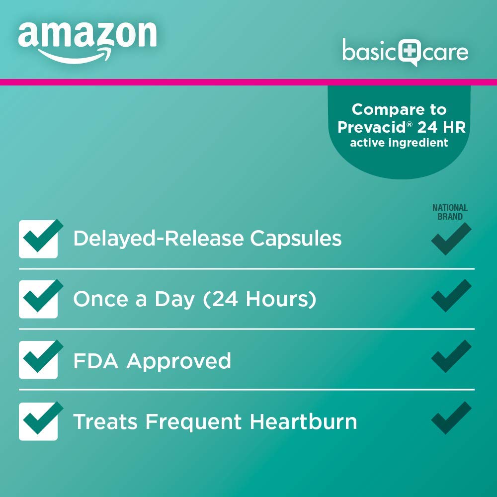 Amazon Basic Care Lansoprazole Delayed Release Capsules, 15 mg, Proton Pump Inhibitor, Treats Frequent Heartburn, 24 Hour Heartburn Medicine, 42 Count