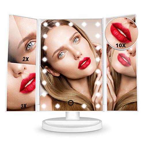 HAMSWAN Makeup Mirror Vanity Mirror with Lights, Lighted Makeup Mirror with 1X 2X 3X 10X Magnifying, Touch Control Design, Dual Power Supply, Portable LED Makeup Mirror, Women Gift (White+10X)
