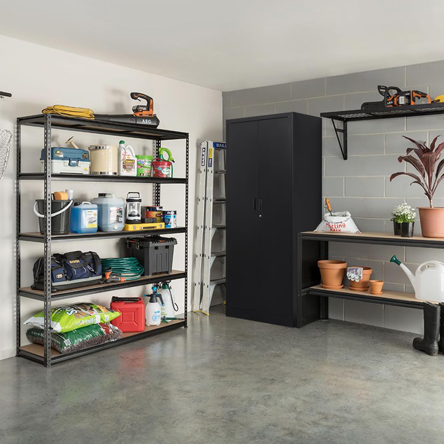 BESFUR Metal Storage Cabinet with 2 Doors and 4 Shelves, Lockable Steel Storage Cabinet for Office, Garage, Warehouse