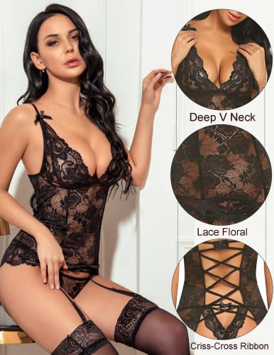 Avidlove Women Lace Lingerie Set with Garter Belts Mini Teddy Bodysuit Sexy Lingerie Backless Chemise Black XL
