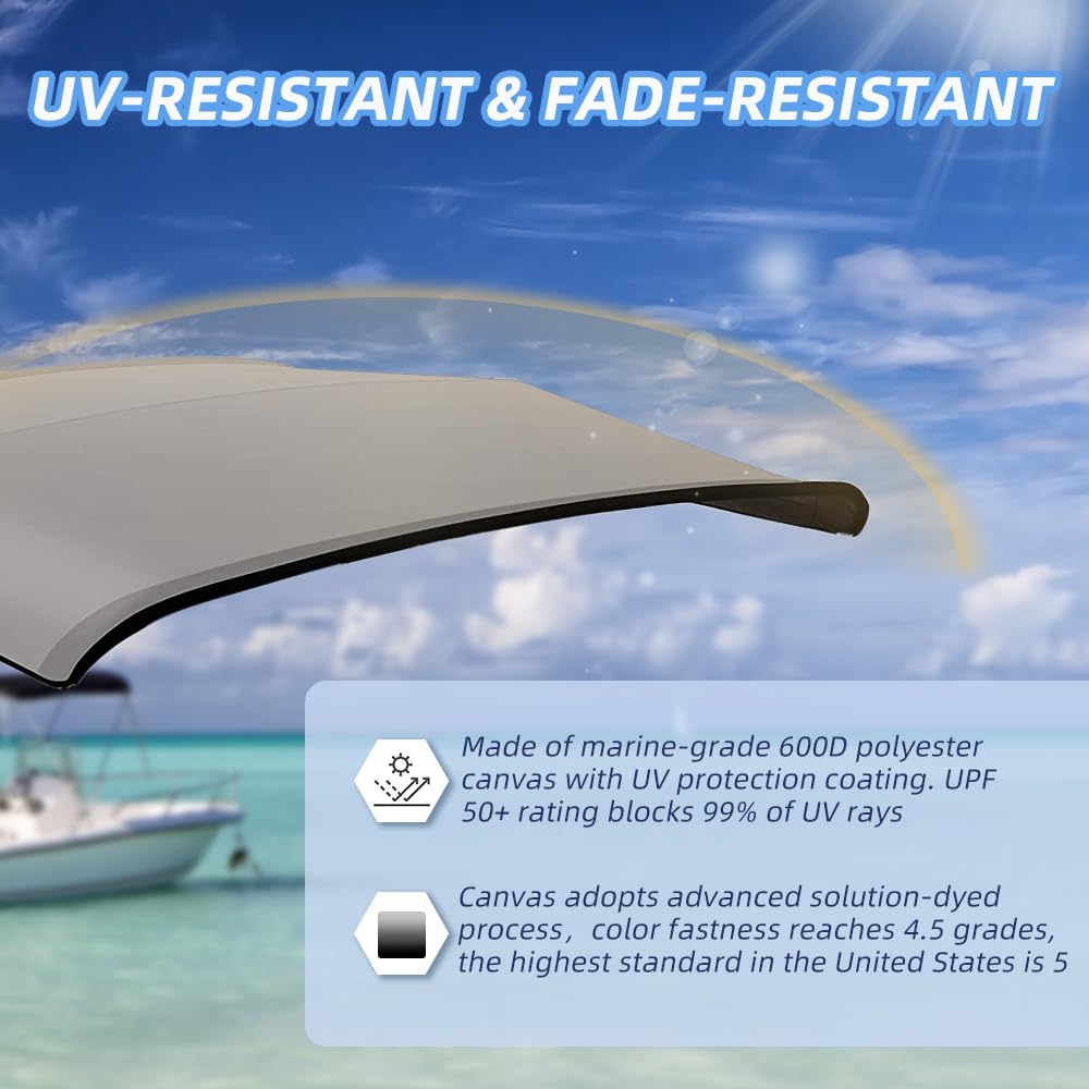 4 Bow Marine Grade Fade and Crack Resistant Bimini Top Replacement Cover, Heavy-Duty Waterproof and UV-proof Sun Shade Boat Canopy, Easy Install Zipper Sleeve Boat Awning/Without Frame, Grey