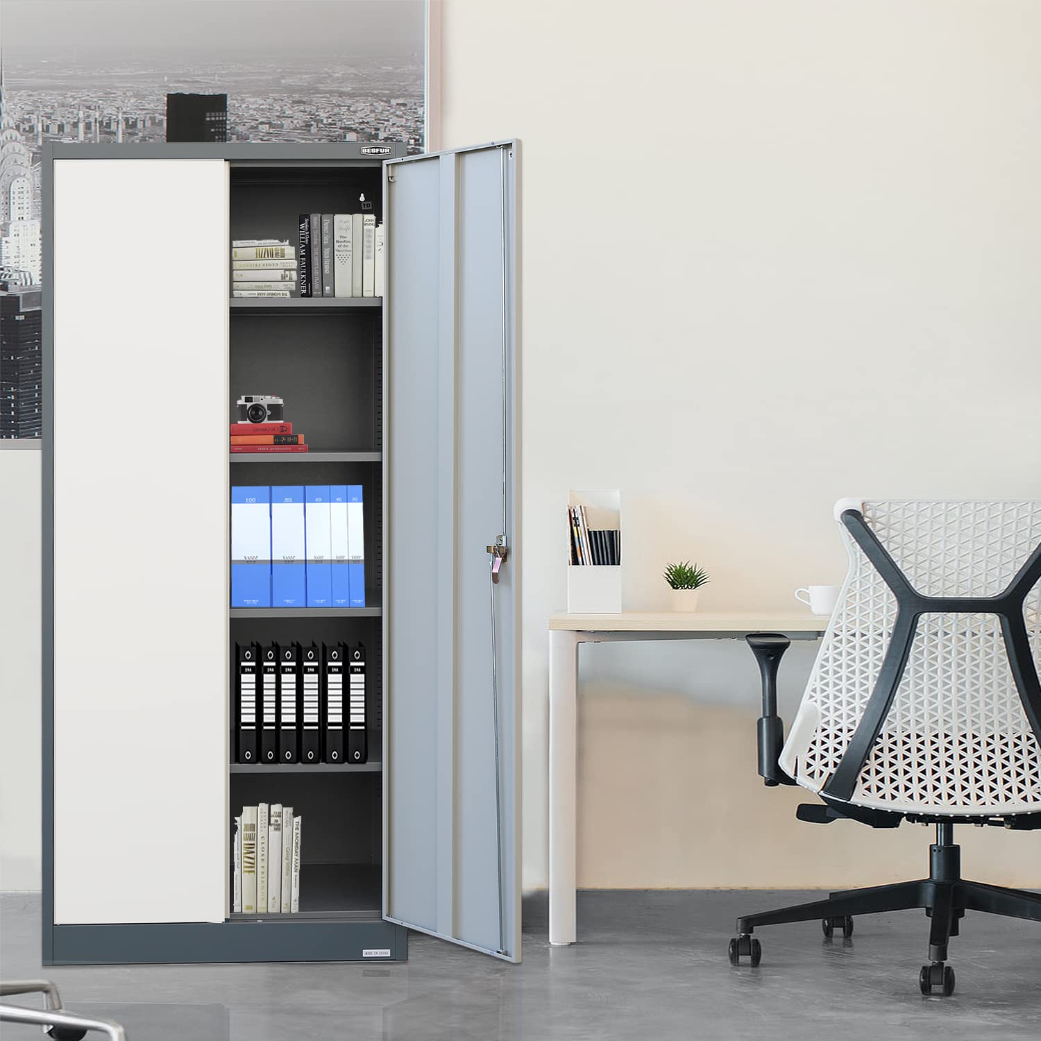 BESFUR Metal Storage Cabinet with Locking Doors and Adjustable Shelves, Steel Storage Cabinet for Office, Garage, Warehouse, Classroom, Pantry, 70.86" H x 31.5" W x 15.75" D (Light Grey & Dark Grey)