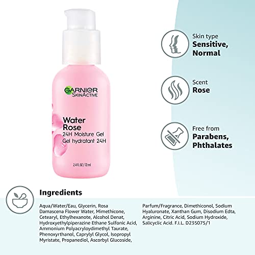 Garnier Water Rose 24H Moisture Gel with Rose Water and Hyaluronic Acid, Face Moisturizer for Normal to Combination Skin, 2.4 Fl Oz (72mL), 1 Count (Packaging May Vary)
