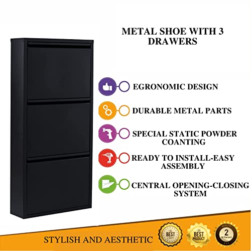 Alveon Flip Drawer Shoe Cabinet, Storage Organizer, Freestanding Shoe Rack, Wall Mounted No-Assembly (Gray, 3 Drawer)