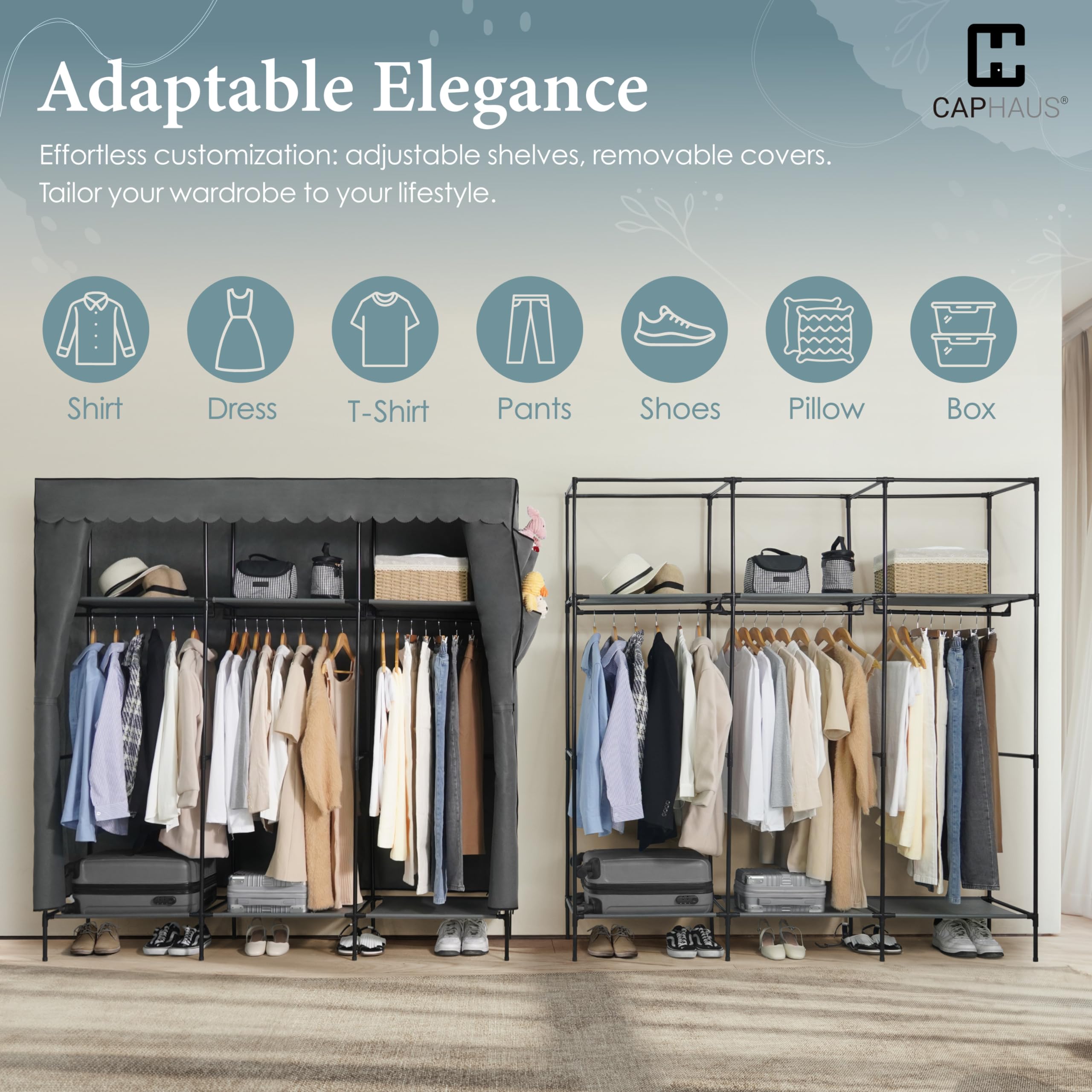 CAPHAUS 67-Inch Clothing Rack with Cover, Portable Closet Wardrobe, Covered Garment Rack for Hanging Clothes, 285LB Capacity Heavy-Duty Metal Frame Clothes Organizer Rack with Storage Shelves