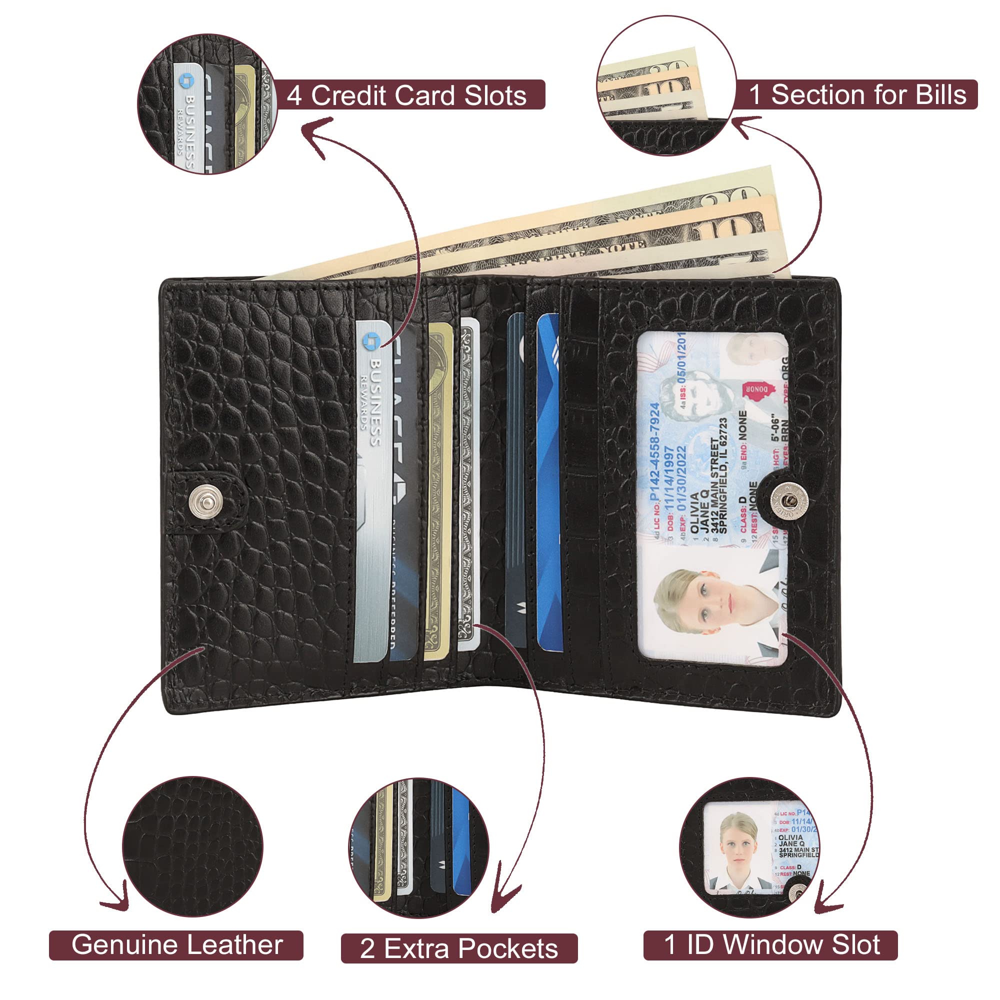 BOTANNER Genuine Leather Womens Wallet RFID Blocking Slim Compact 6 Credit Card Slots 1 ID Window Bills Sections Zipped Section for Coins Secure Button Closure Gift Boxed Red