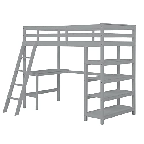 LostCat Twin Size Loft Bed with Desk and Shelf, Heavy Duty Metal Bed Frame w/Full Length Guardrails and Ladder, No Box Spring Needed, Space Saving Design for Kids, Teens, Adults, Black