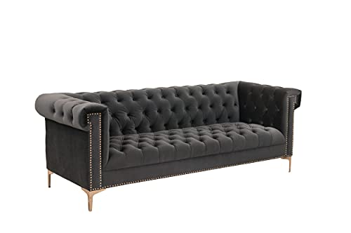 Iconic Home Gold/Grey Bea Velvet with Nail head Trim Tone Metal Sofa