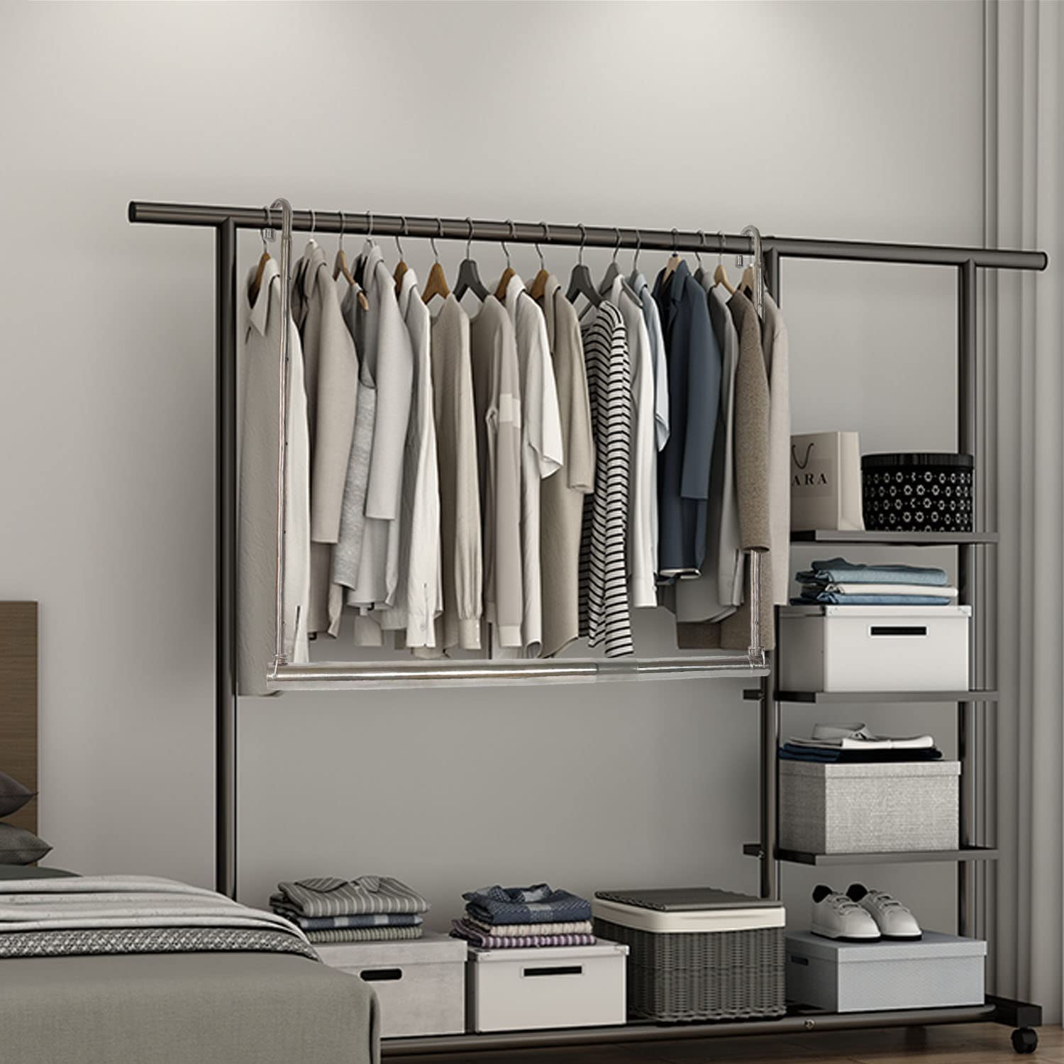 HDbonemu Closet Hanging Rod, Adjustable Width and Height Space-Saving Clothes Hanging Bar, 1 Pack Chrome