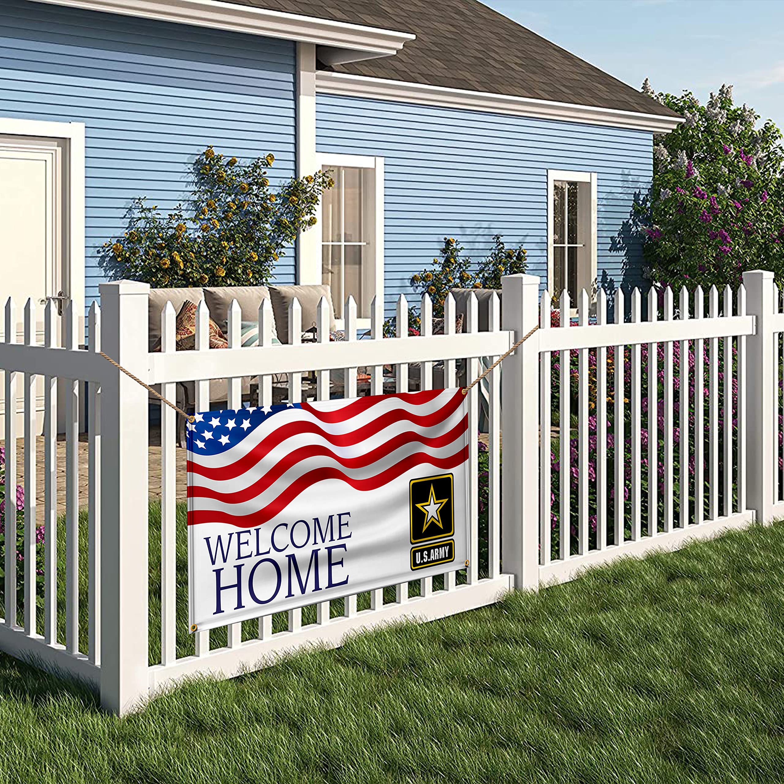 BannerBuzz Vinyl Banner, Welcome Home US Army, PVC Flex, 11 oz, Hemmed Edges with Grommets, Single Sided Print, Full Color 600DPI Eco Solvent Printing (6' X 3')
