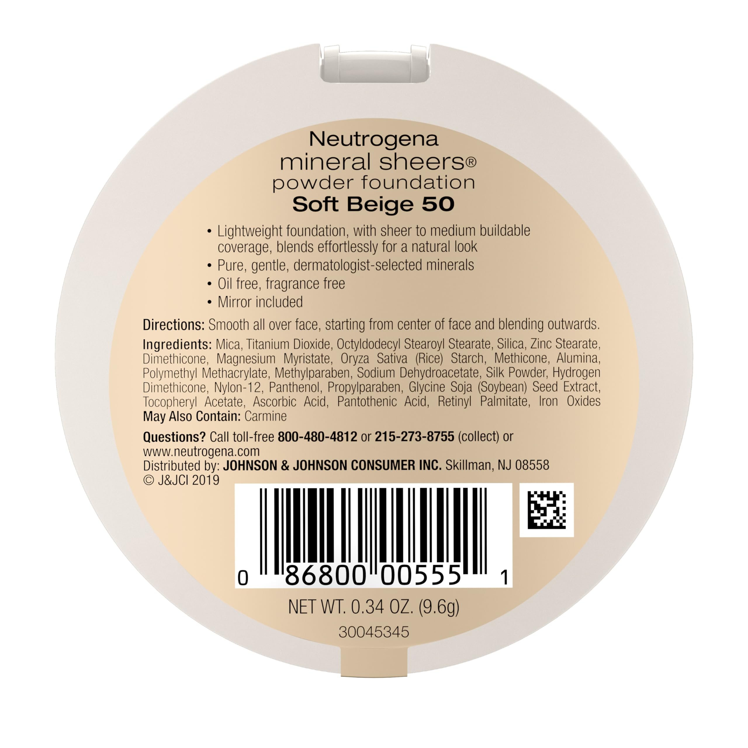 Neutrogena Mineral Sheers Compact Powder Foundation, Lightweight & Oil-Free Mineral Foundation, Fragrance-Free, Soft Beige 50.34 oz