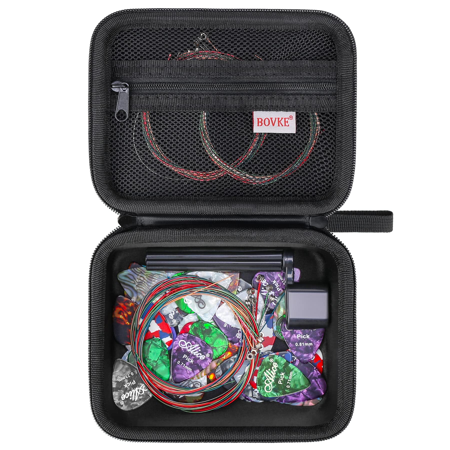 BOVKE Guitar Picks Holder Case for Fender, ChromaCast, D'Addario, JIM DUNLOP, Bolopick, MUSICAL INSTRUMENT All Size Guitar Picks, Mesh Pocket for String Winder, Bridge Pins, Black (Case Only)