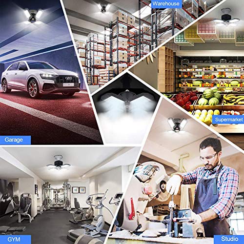 2Pack LED Garage Lights 80W, LED 4 Leaf Deformable Garage Light, 6000LM 6500K Super Bright Garage Ceiling Lights with 4 Adjustable Panels, E26 LED Shop Light for Workshop Barn Warehouse (Black)
