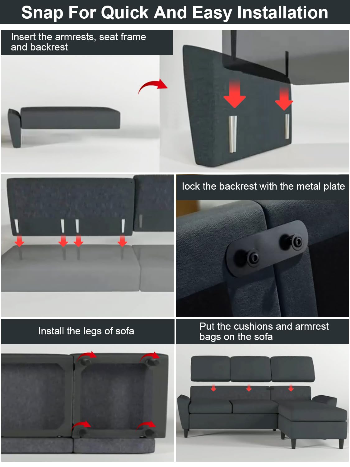 Jarenie 79.53" W Convertible Sectional Sofa, Modern L Shaped Upholstered 3 Seat Sofa Couches with Reversible Chaise for Living Room, Apartment, Dark Grey