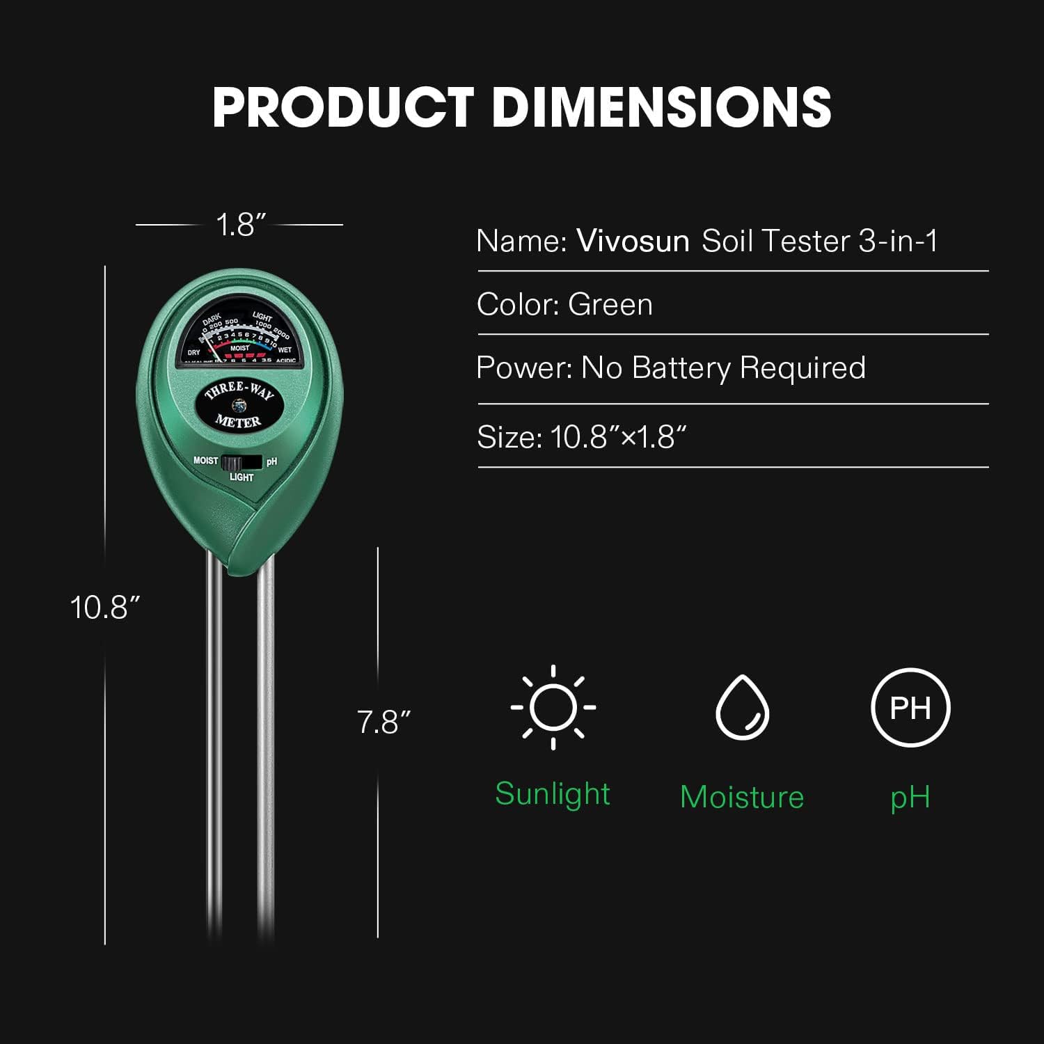 VIVOSUN 3-in-1 Digital pH Meter with ATC, Soil Tester for Moisture, pH and Light-Indoor and Outdoor Use