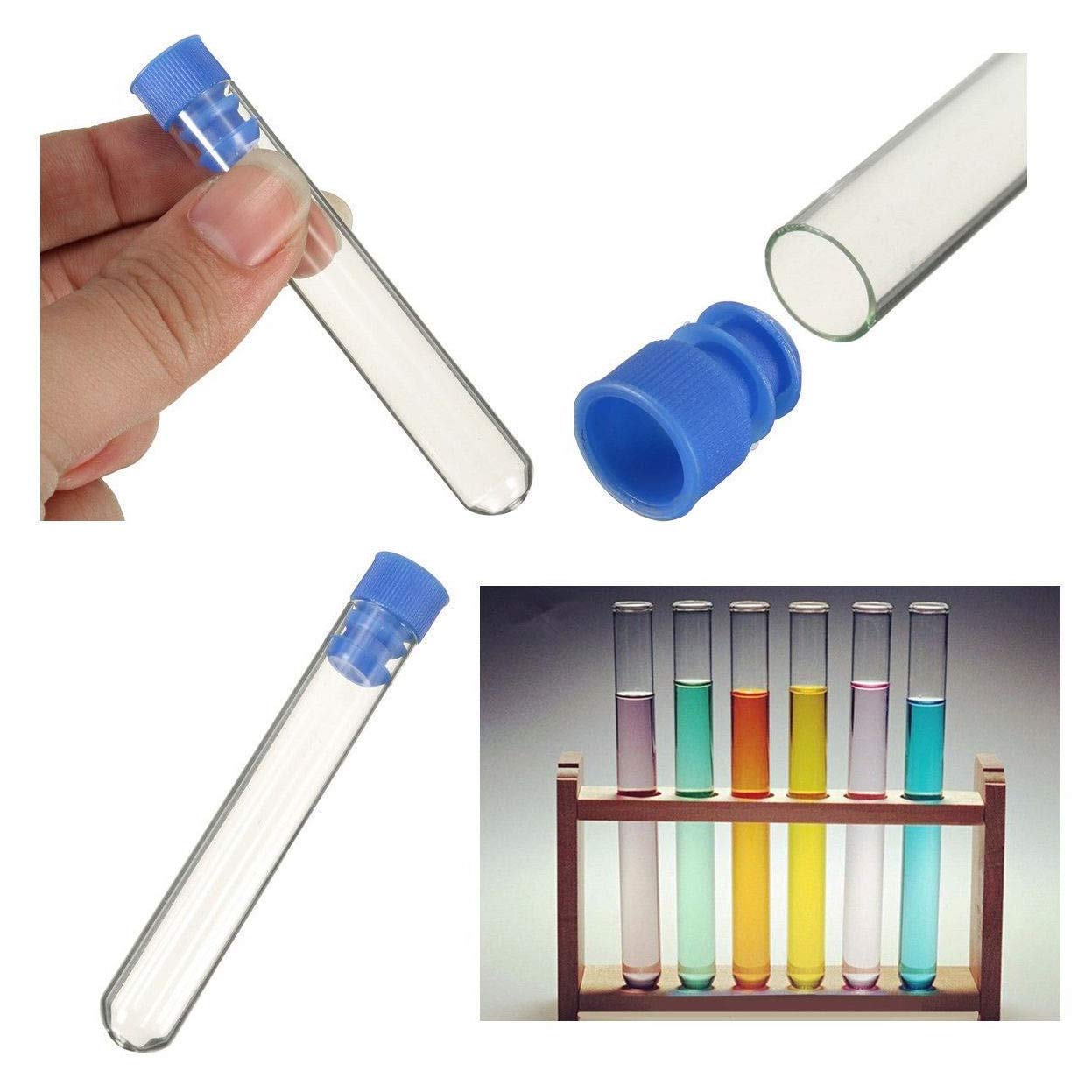 LTKJ 20pcs 12x75mm Clear Borosilicate Glass Test Tubes Rimless Heat-Resistant Glass with Blue Push Caps for Scientific Experiments