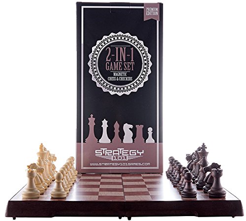Checkers Game Board - 2 in 1 Folding and Magnetic Chess Game. Great for Travel Chess Set Strategy Game is 12.5 x 12.5, International Chess Set