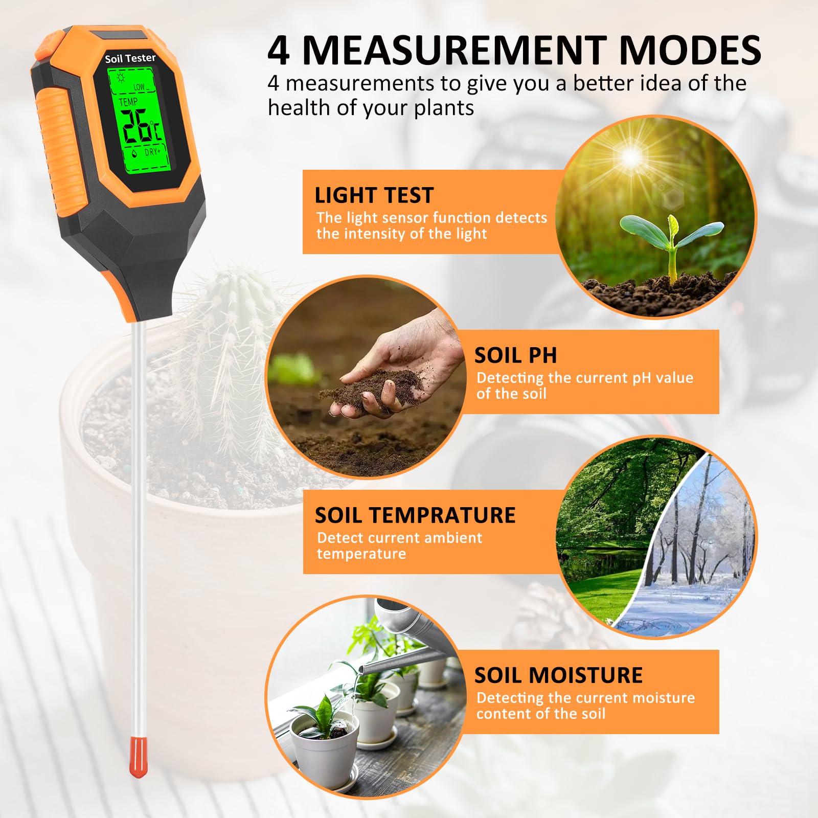 4 in 1 Digital Soil Moisture Meter,PH Meter/Soil Moisture/Plant Temperature/Sunlight Intensity,Green Backlight LCD Display,Soil Meter for Garden, Lawn,Plant Care,Farm and Indoor Outdoor Plants