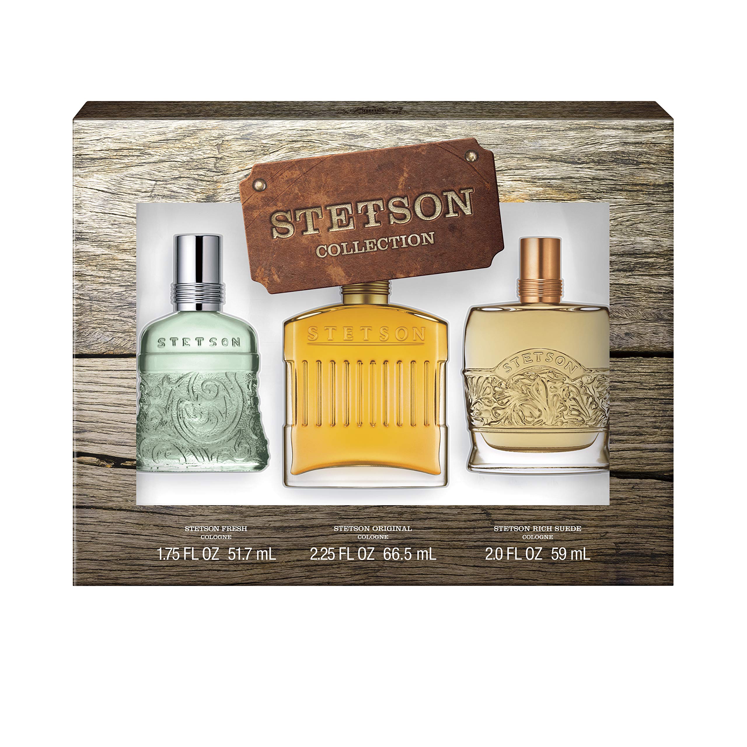 Stetson 3-Piece Decanter Set with 2.25-Ounce Original Cologne, 1.75-Ounce Fresh Cologne, and 2-Ounce Rich Suede Cologne, Total Retail Value $71.00