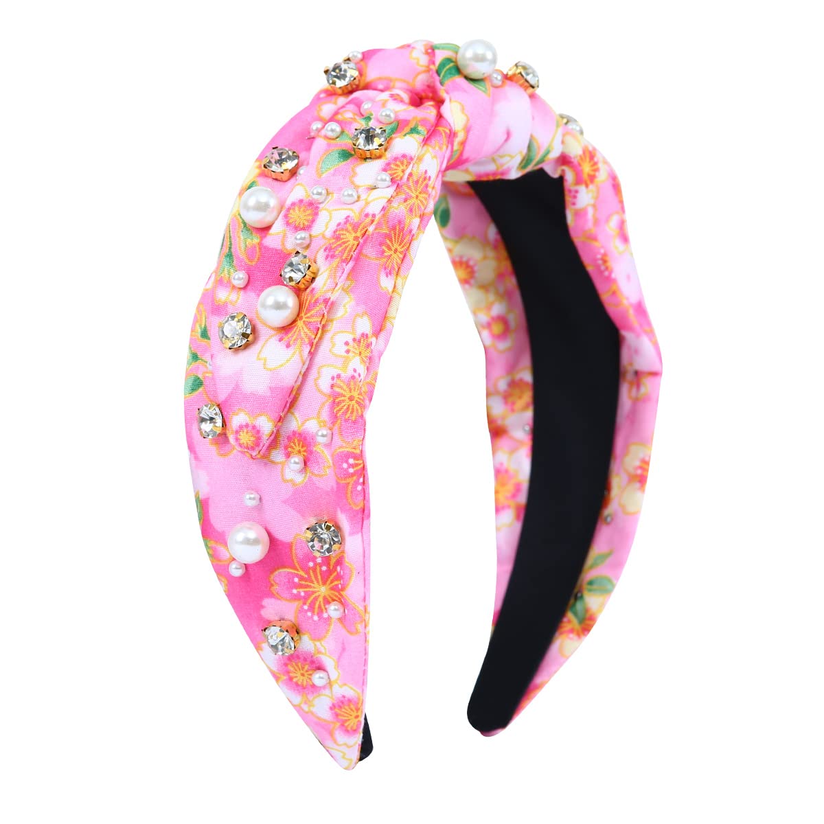 Crystal Knotted Headband Holiday Romantic Vintage Pearl Prints Women Knot Bow Floral Embellished Hair Bands