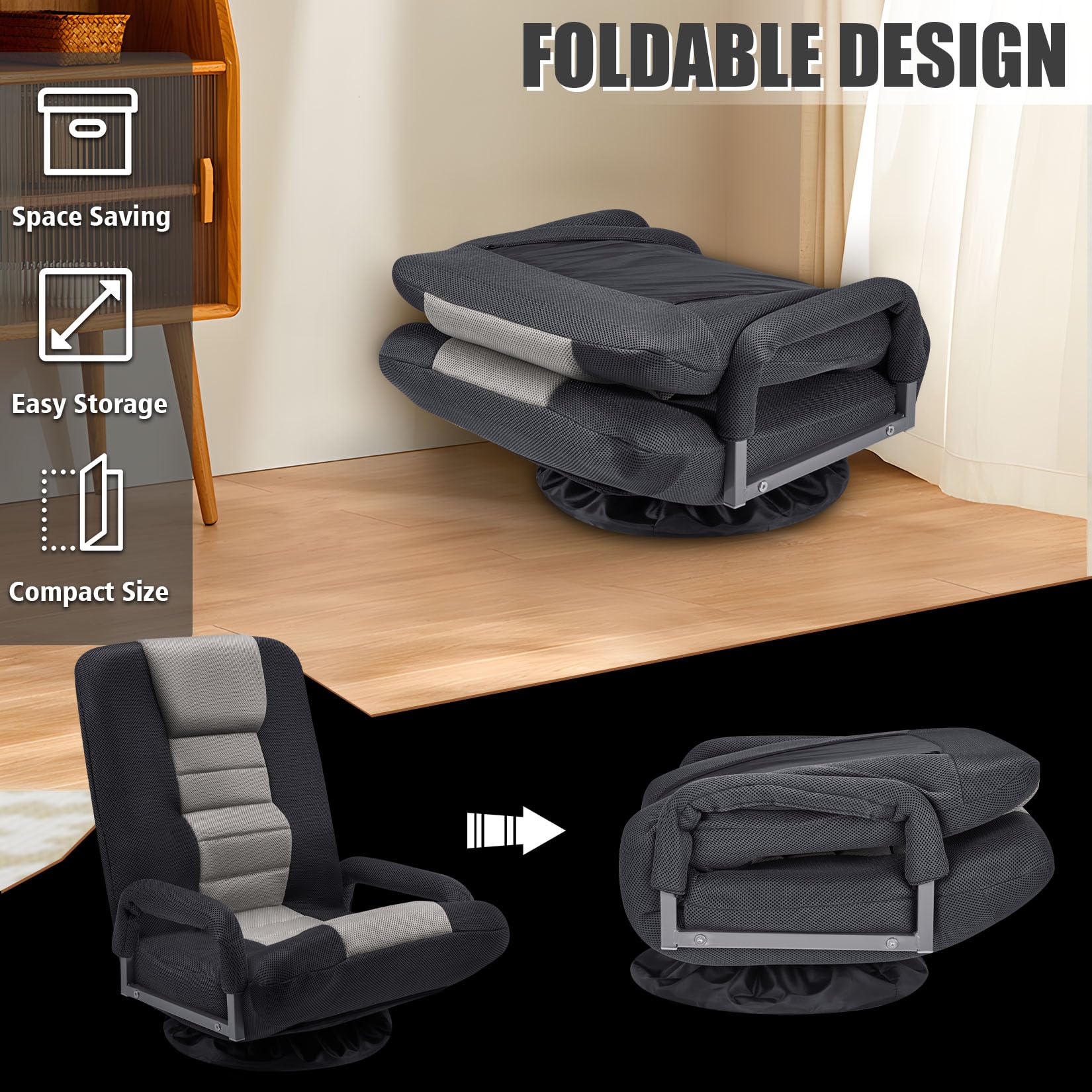 ACIPENSER Swivel Gaming Chair Multipurpose Floor Gaming Chair for Playing Video Games, TV, Reading w/Armrest Lumbar Support & 6 Adjustable Postion Backrest for Adults & Kids,Grey