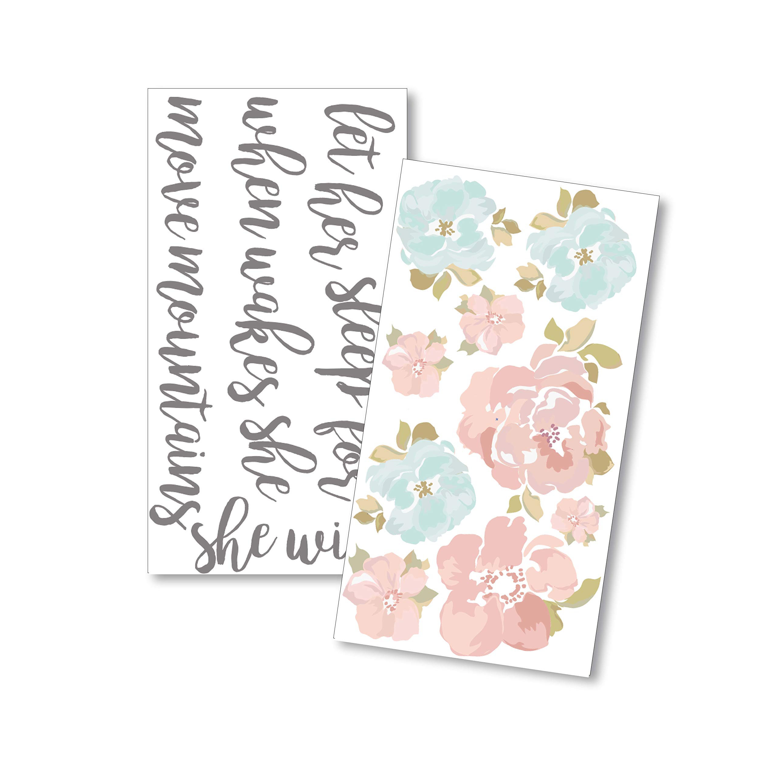 Levtex Baby - Let Her Sleep Floral Peel and Stick Large Decals - Silver, Pink, Aqua - Let Her Sleep for When She Wakes She Will Move Mountains, Multi (LB350WD)