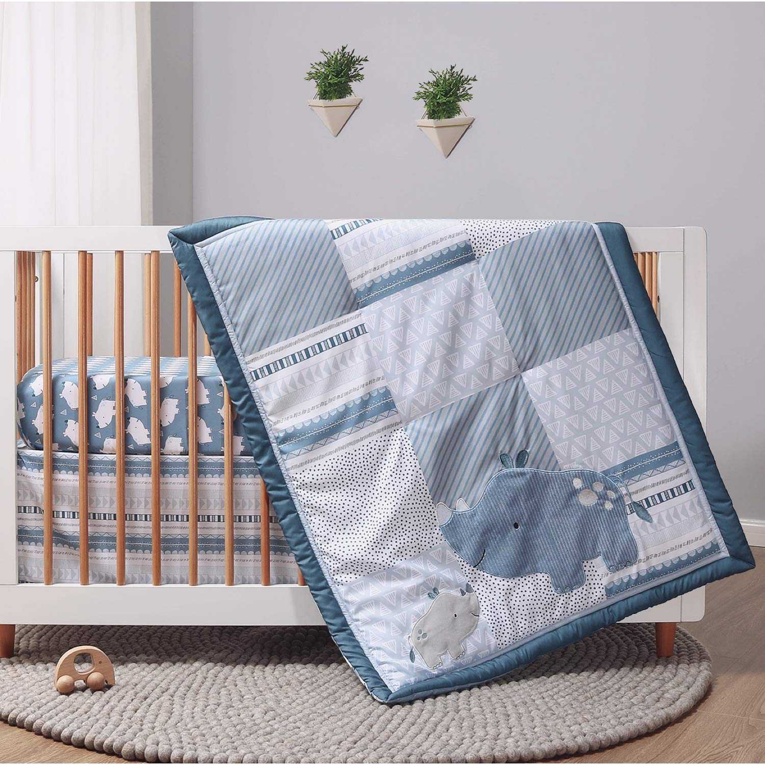 The Peanutshell Crib Bedding Set for Boys or Girls, Unisex 3 Piece Blue Rhino Nursery Collection