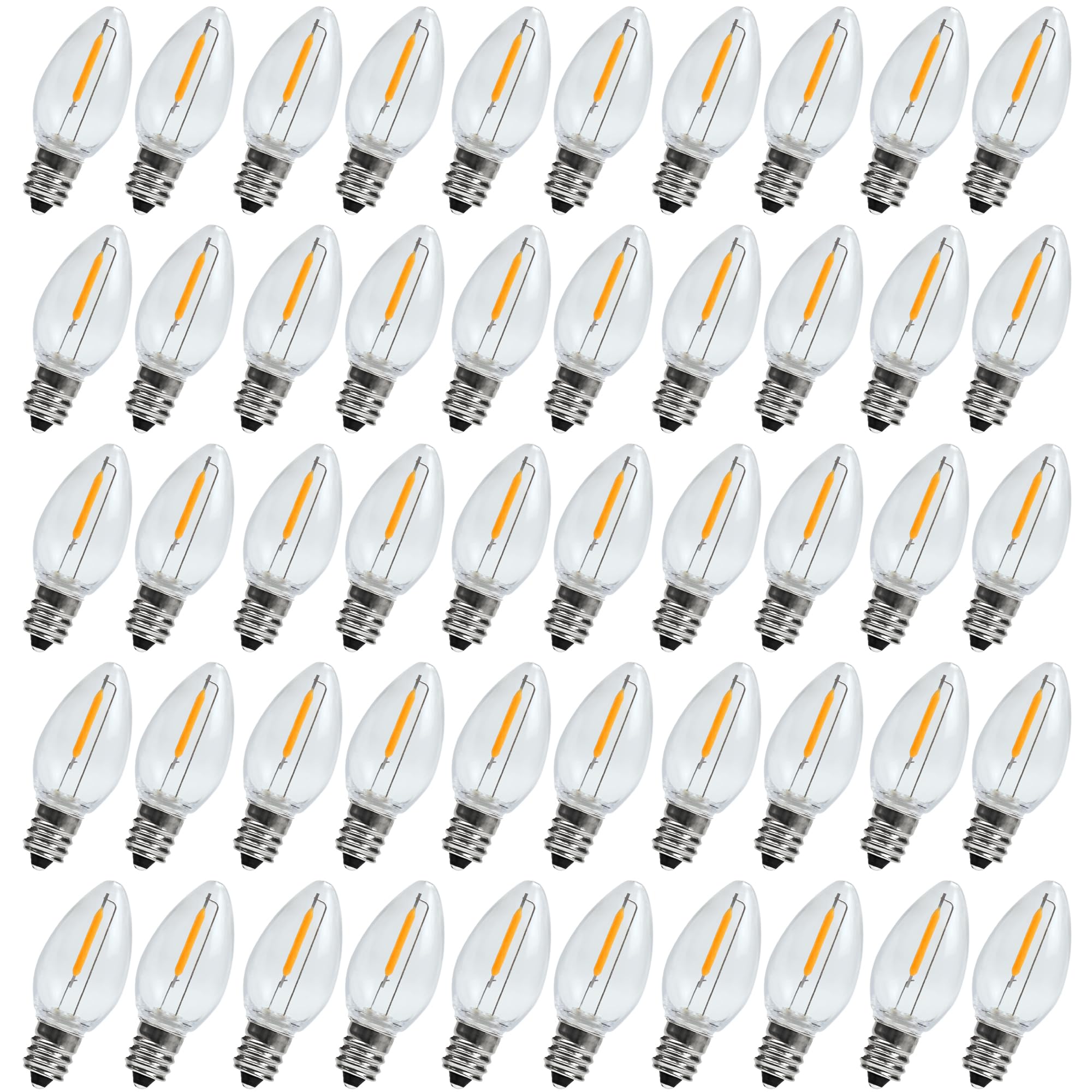 50 Pack C7 LED Night Light Bulbs, C7 LED Replacement Light Bulb for Christmas String Light, 0.6 Watt Equivalent to 7 Watt, Warm White 2200K, E12 Candelabra Base Clear Plastic LED Bulbs